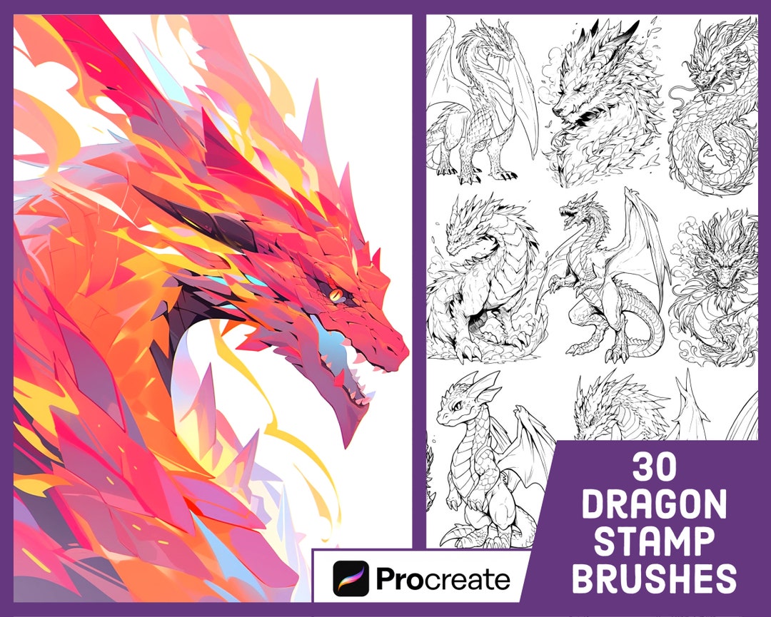 30 Dragon Stamp Brushes for Procreate - Dragon Set - Illustration ...