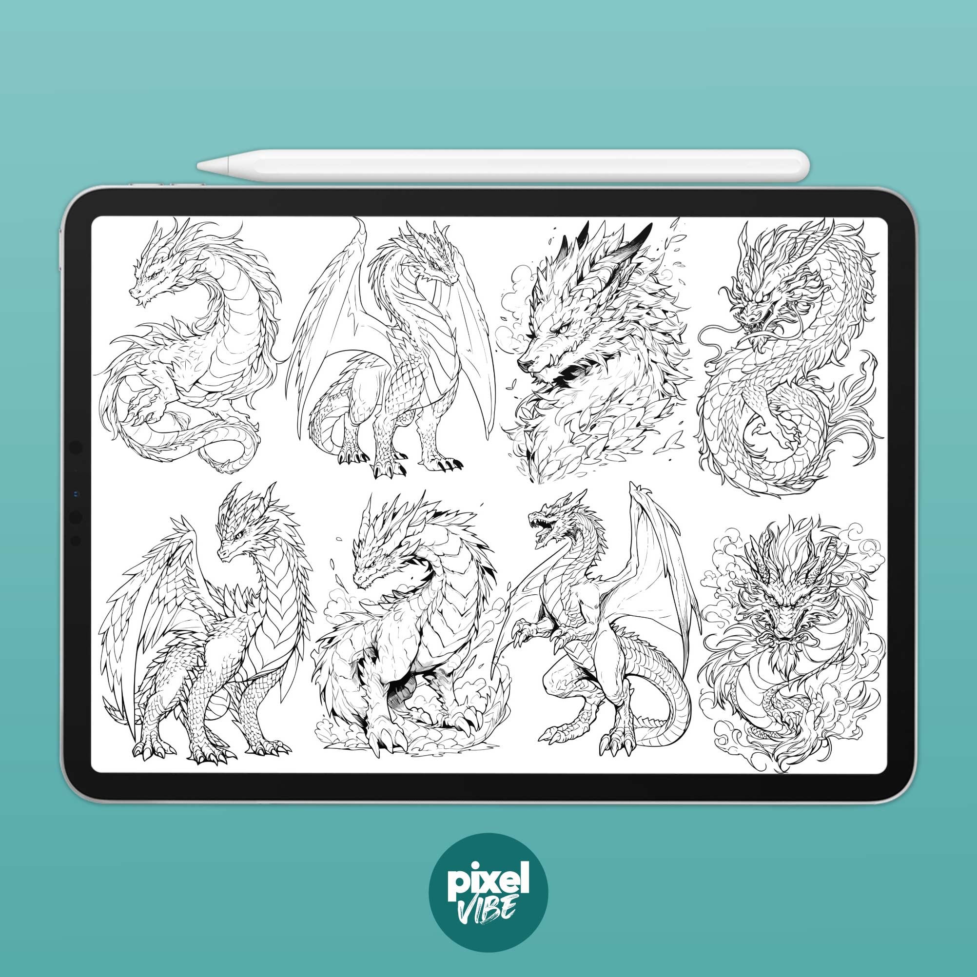 30 Dragon Stamp Brushes for Procreate - Dragon Set - Illustration ...