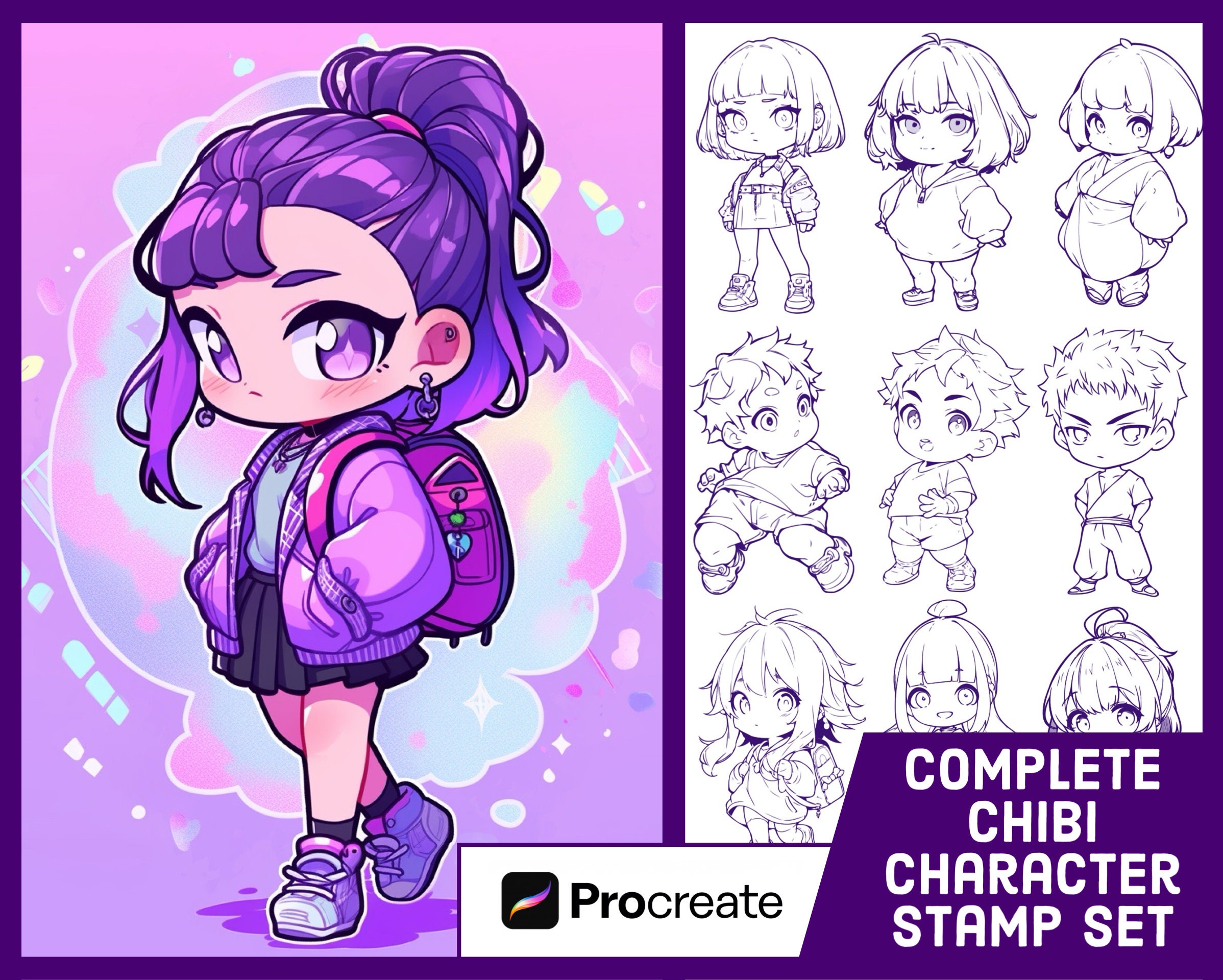 96 Chibi Character Guide Stamp Brushes for Procreate - Anime ...