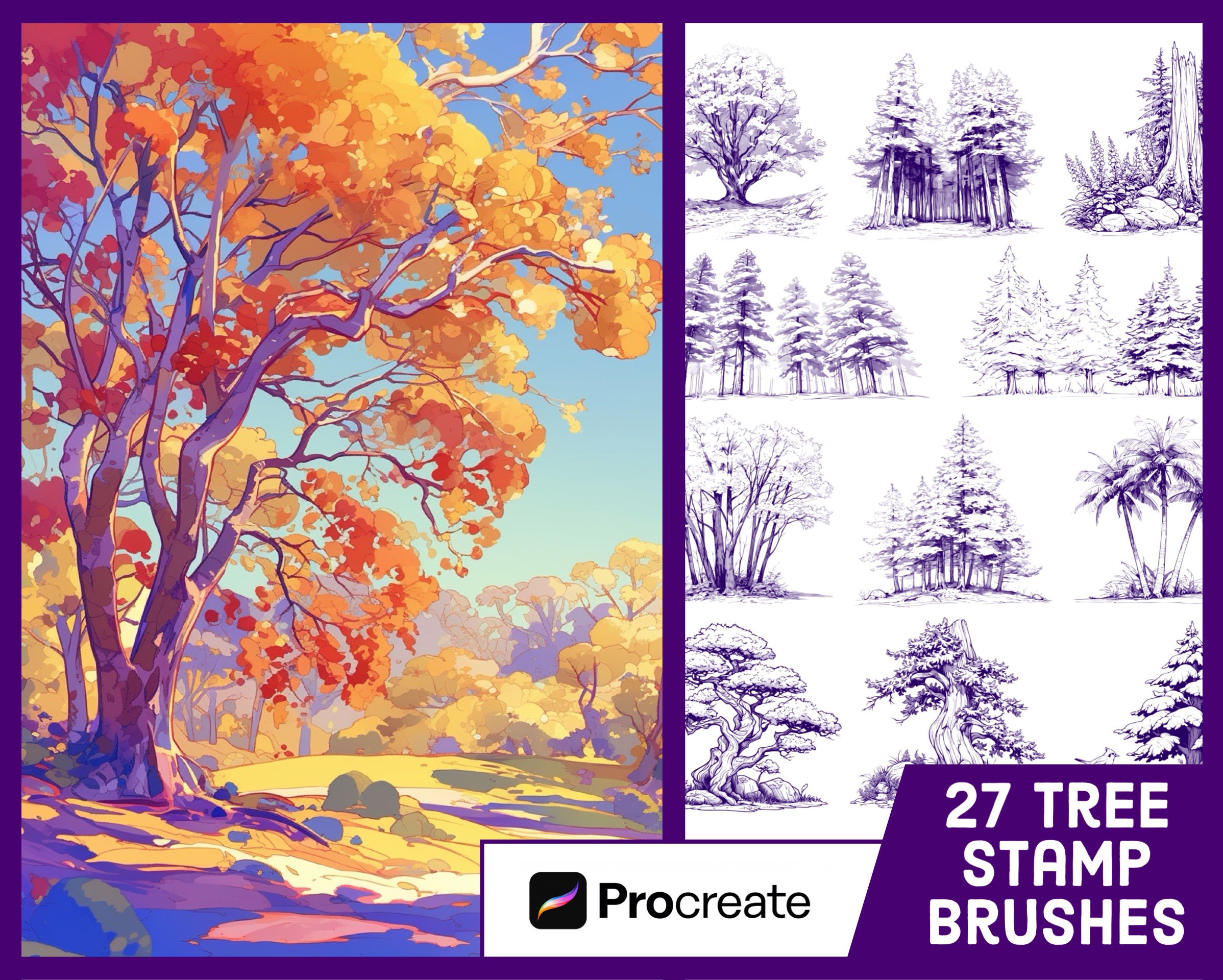 27 Tree Stamp Brushes for Procreate - Forest Illustration Brush Pack - Etsy