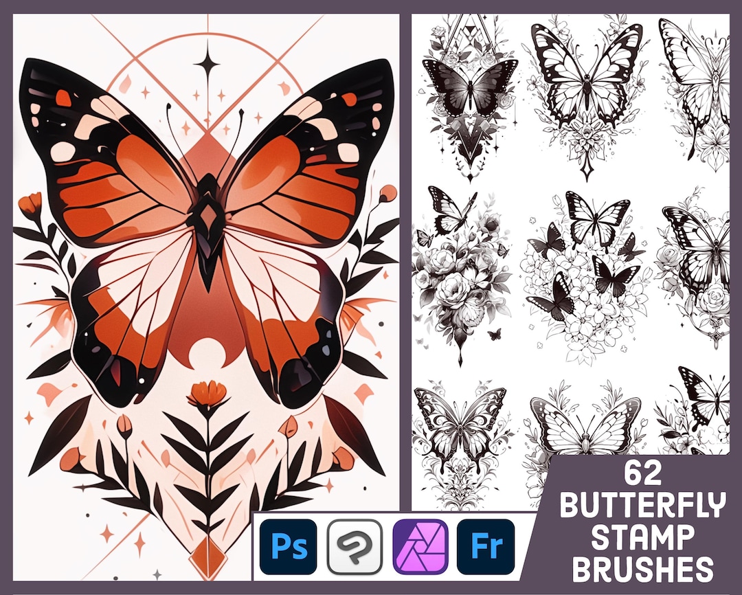 62 Butterfly Stamp Brushes, Tattoo Illustration, Photoshop, Clip Studio ...