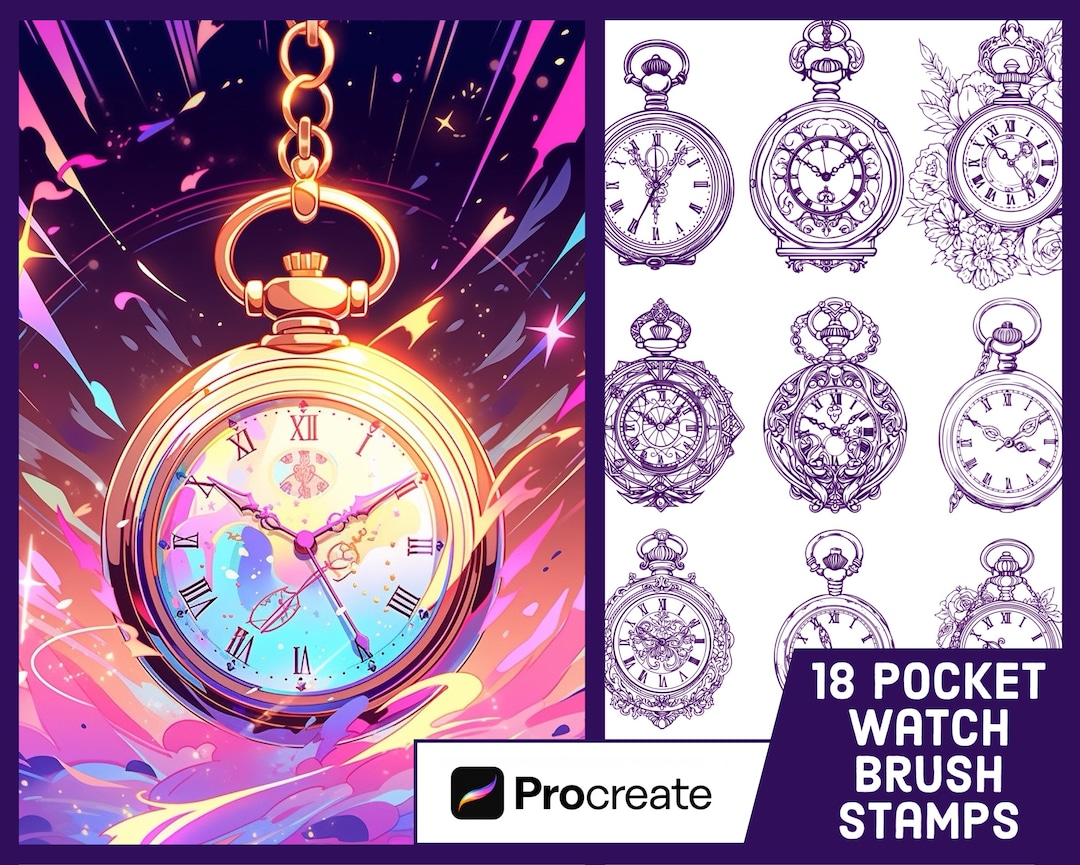 20 Pocket Watch Stamp Brushes for Procreate – Vintage Clock Tattoo ...