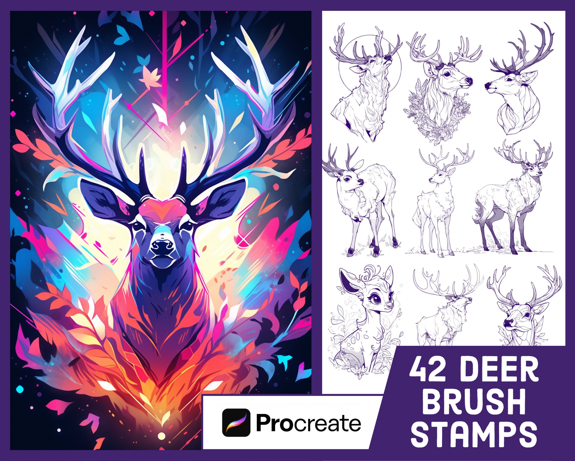 42 Deer Stamp Brushes for Procreate - Stag Stamp Set - Illustration ...