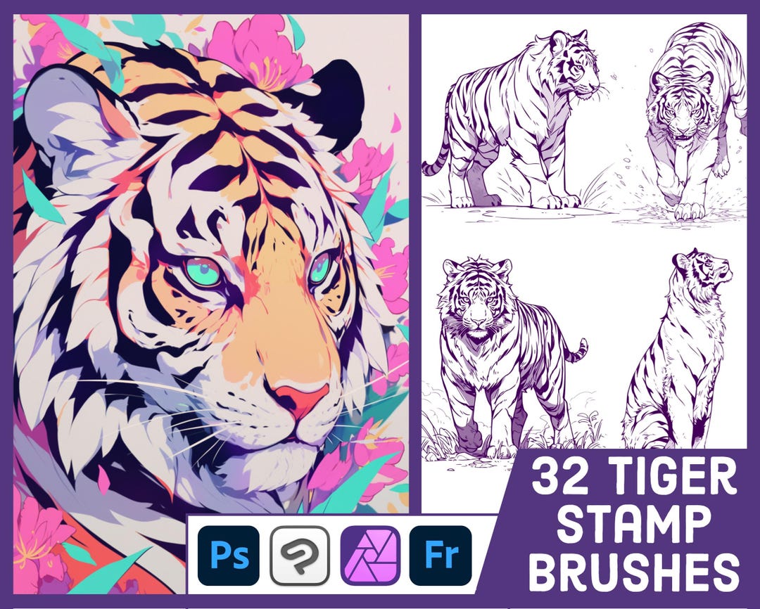 32 Tiger Stamp Brushes, Photoshop, Clip Studio, Affinity (ABR Brushes ...