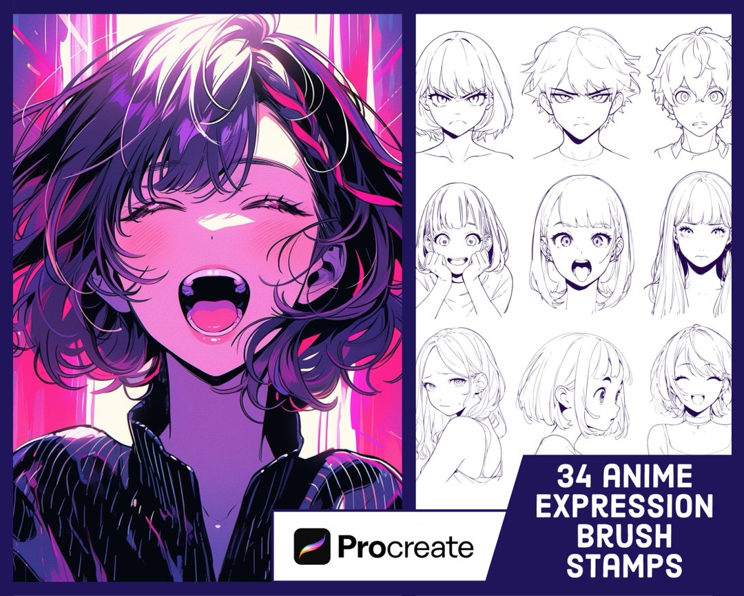 34 Anime Facial Expression Stamp Brushes for Procreate - Manga Stamp ...