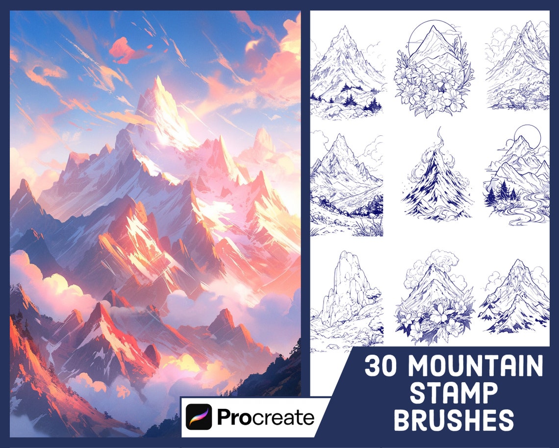 30 Mountain Stamp Brushes for Procreate - Landscape Illustration Art ...