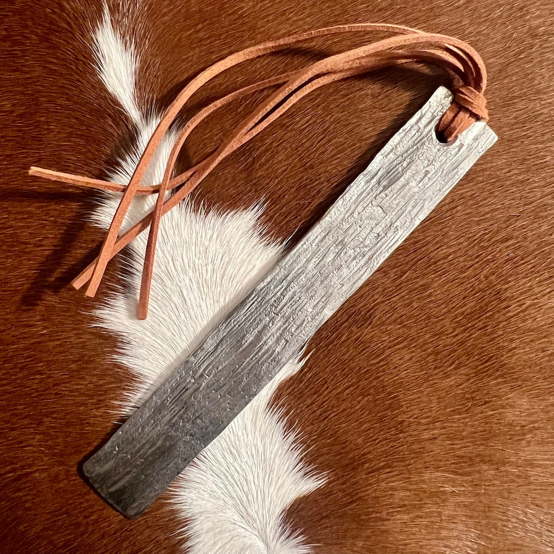 Hand Forged Bookmark - Wood Grain Pattern With Suede Tassel - Etsy