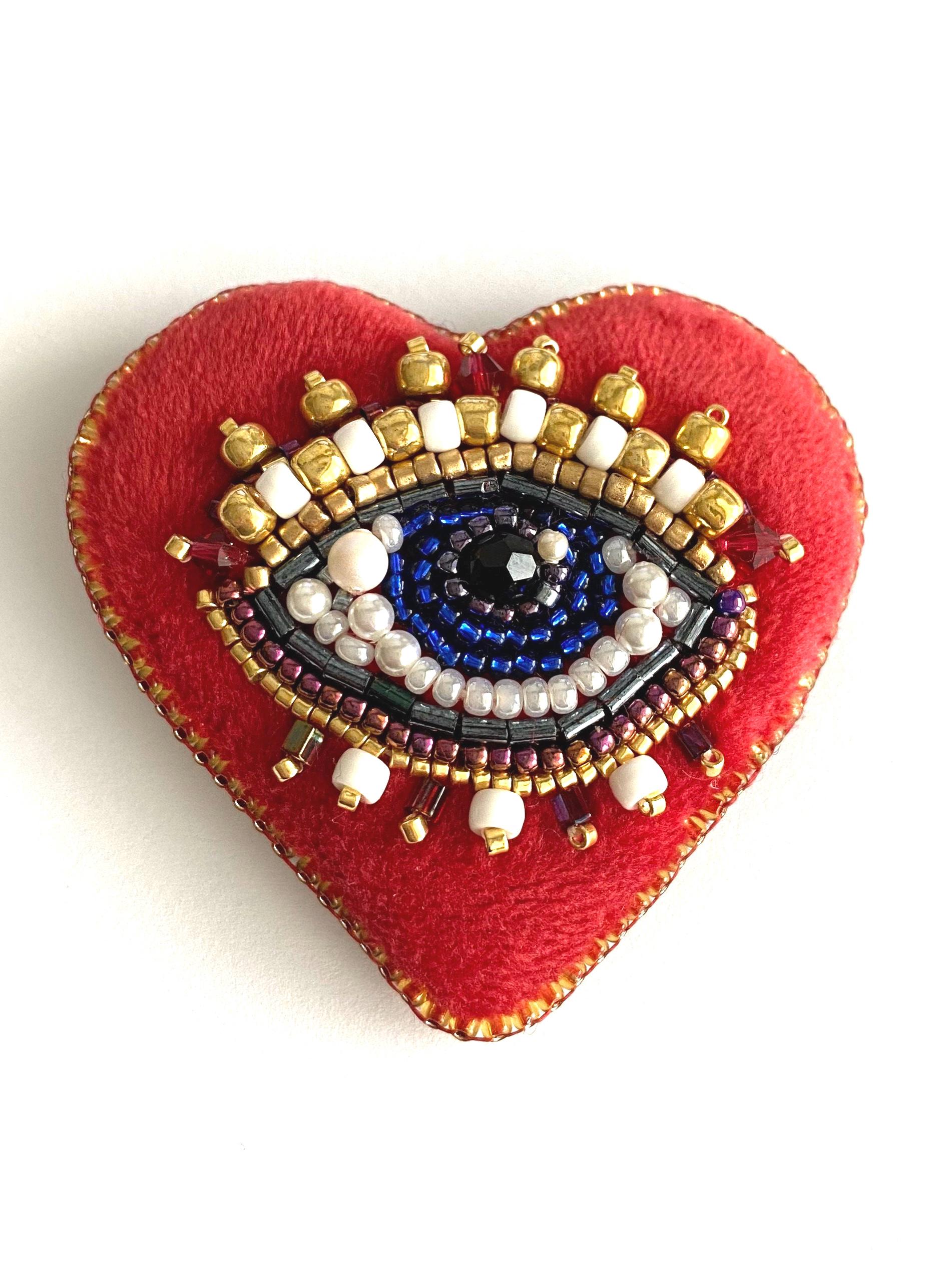 Red Heart Brooch, Black Velvet Pin, Evil Eye Embroidery Brooch ...