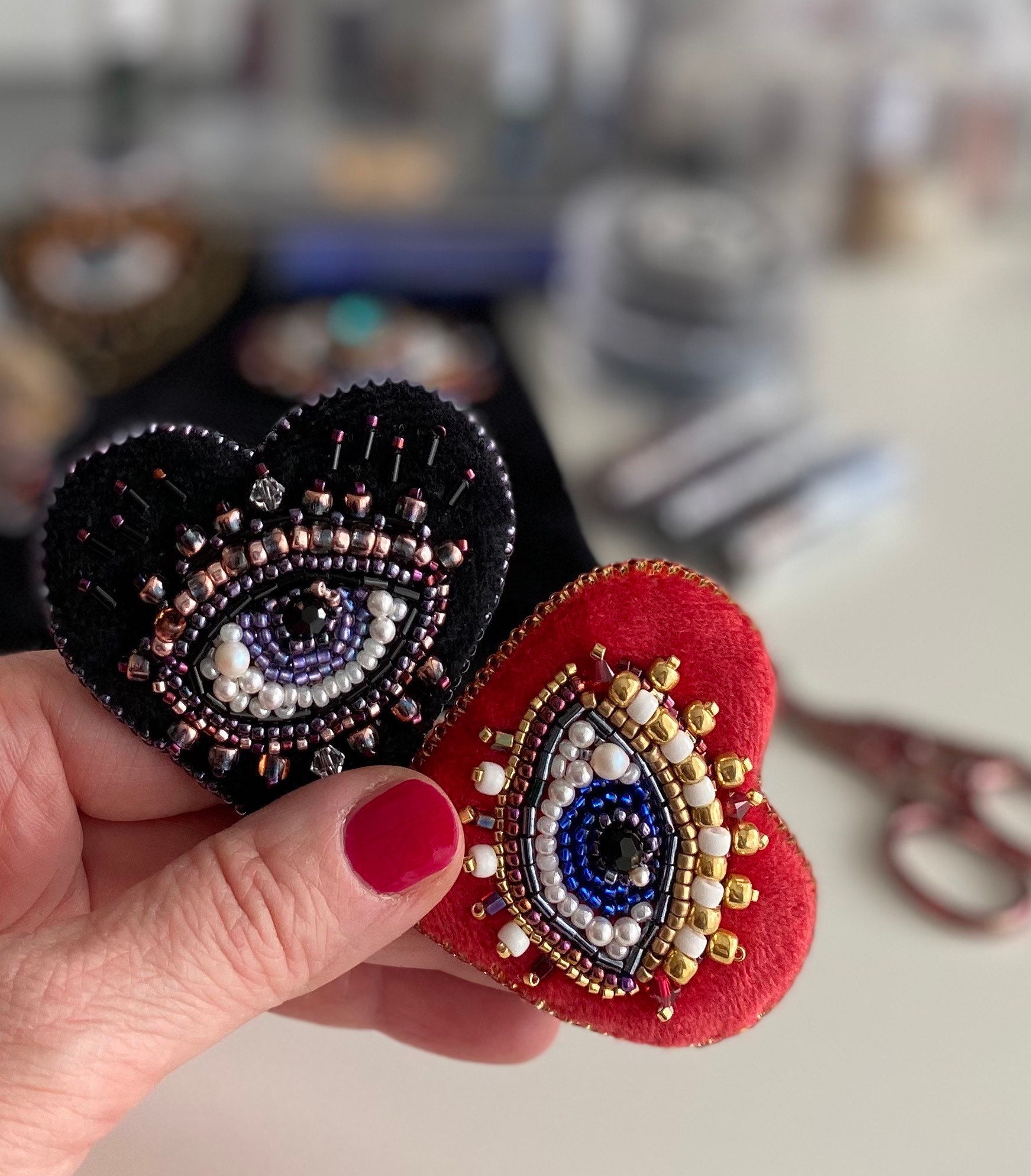 Red Heart Brooch Black Velvet Pin Evil Eye Embroidery Brooch Handmade ...