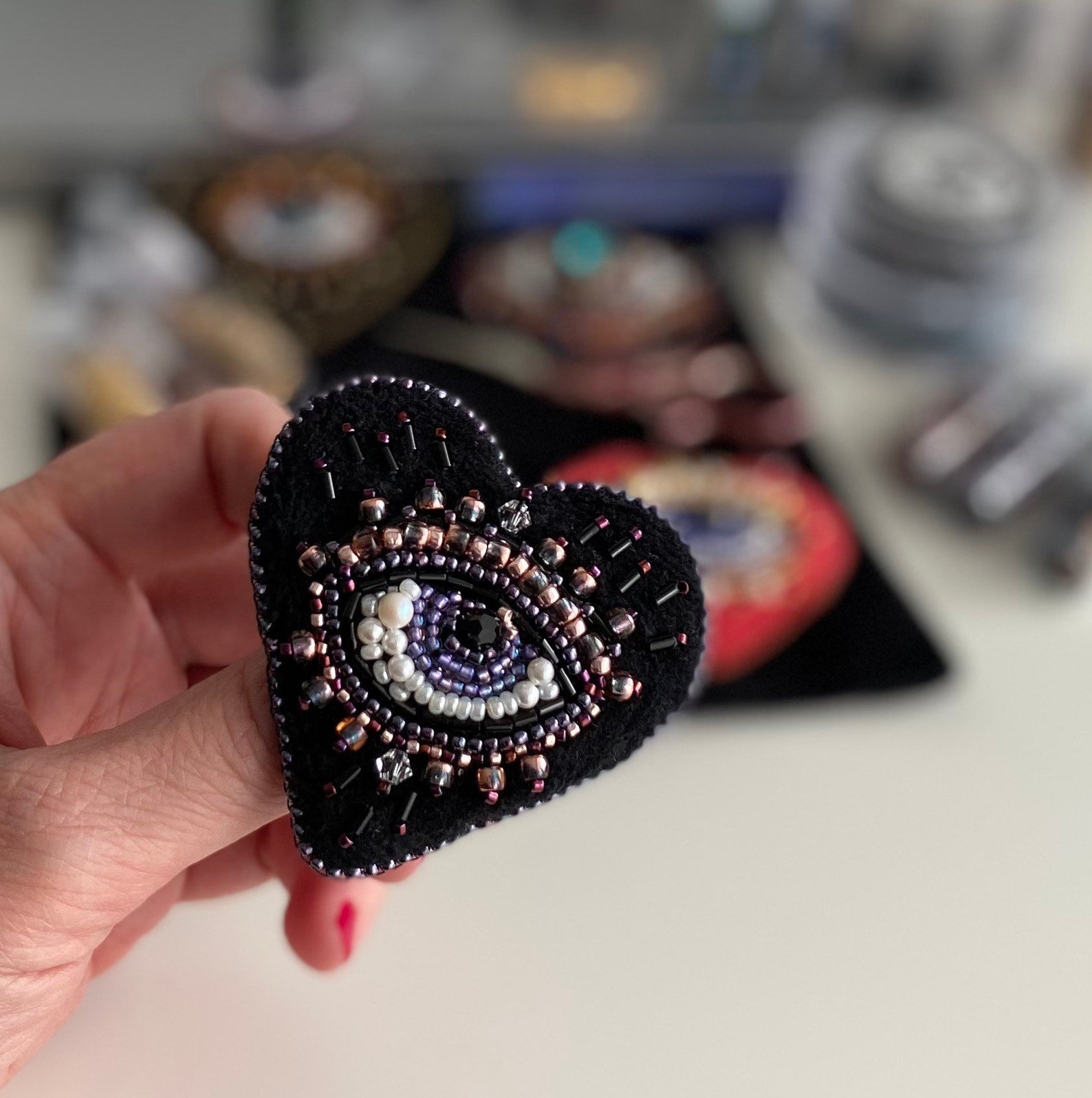 Red Heart Brooch Black Velvet Pin Evil Eye Embroidery Brooch Handmade ...