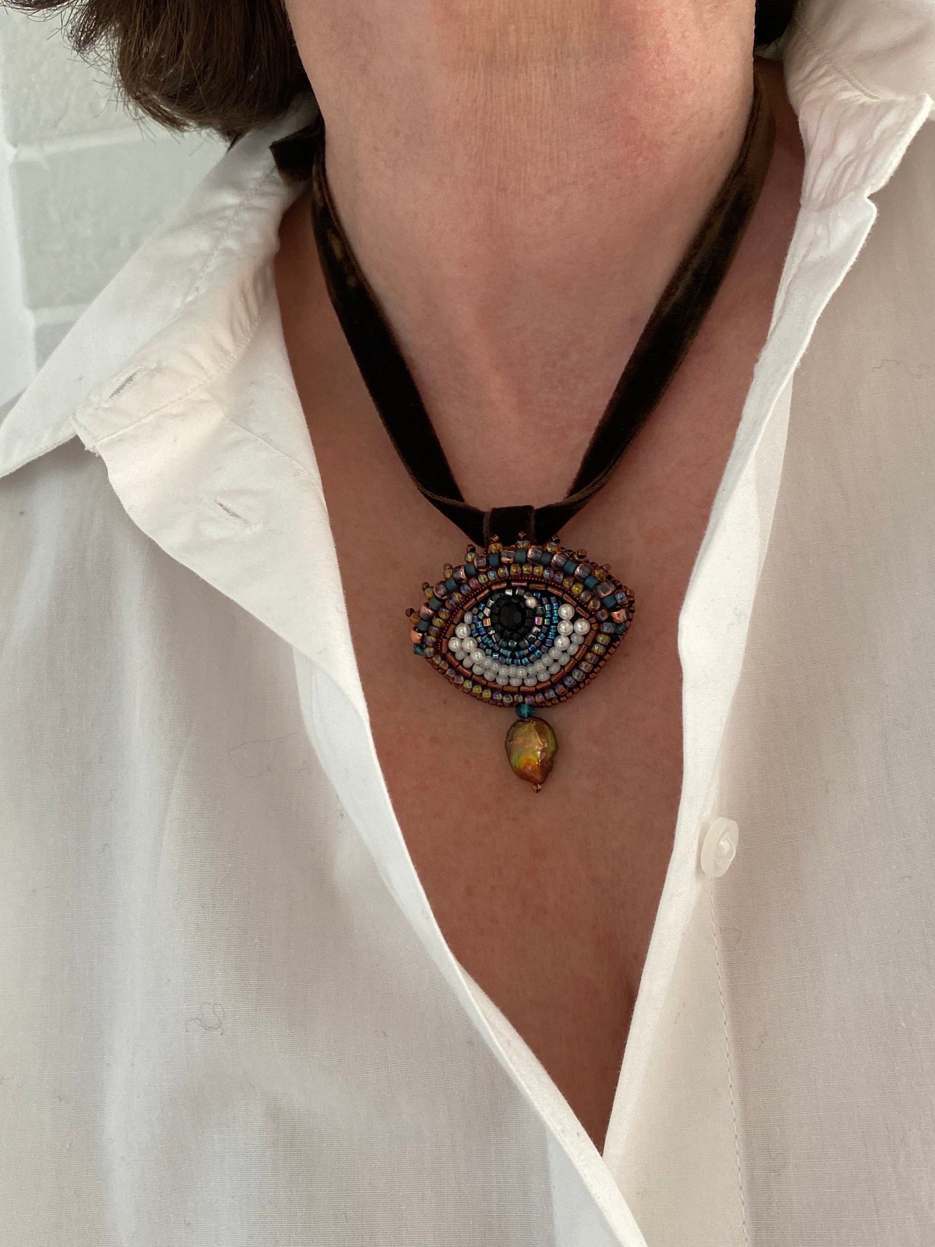 Evil Eye Necklace for Woman, Beaded Eye Pendant, Protective Eye Choker ...
