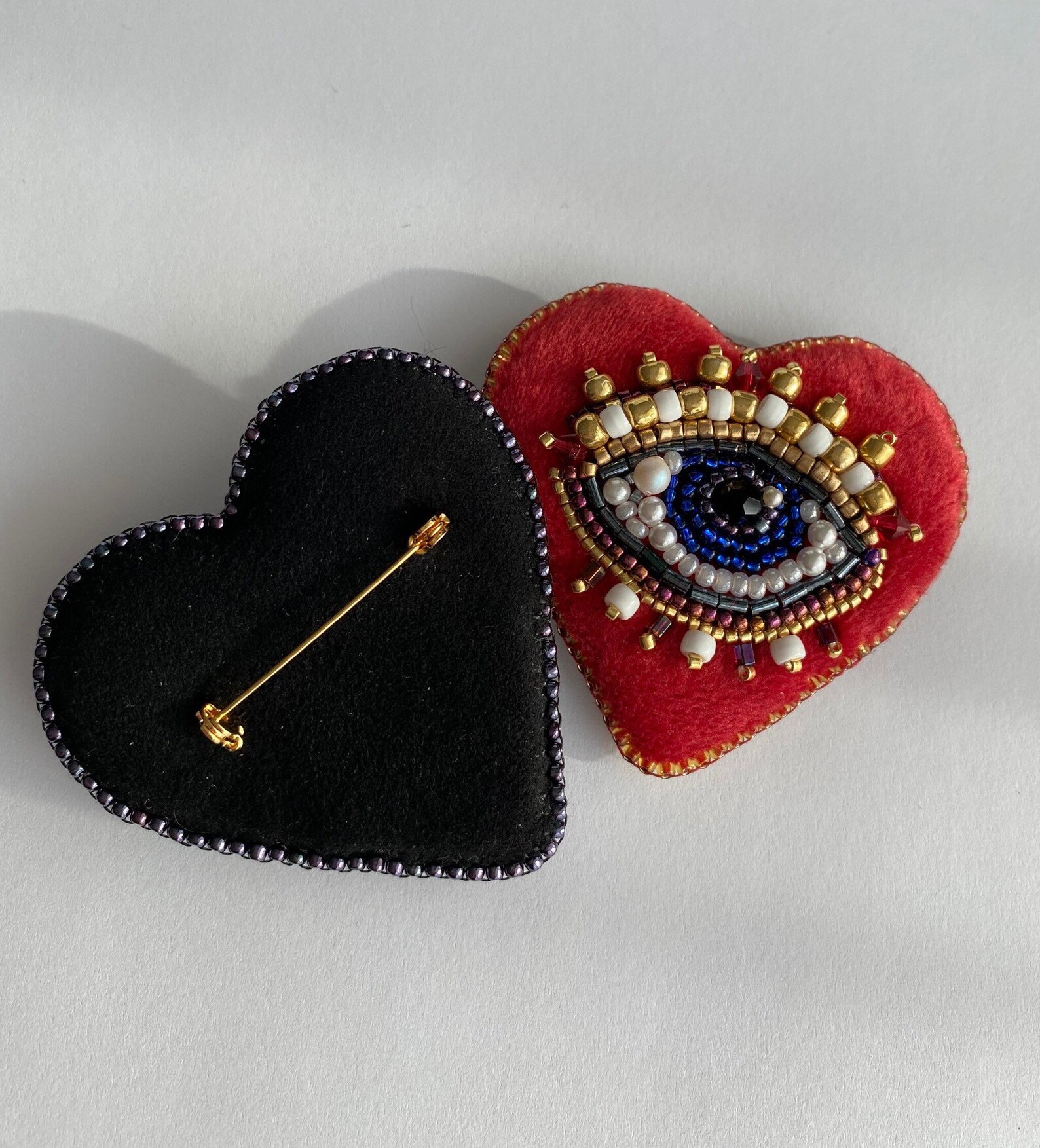 Red Heart Brooch Black Velvet Pin Evil Eye Embroidery Brooch Handmade ...
