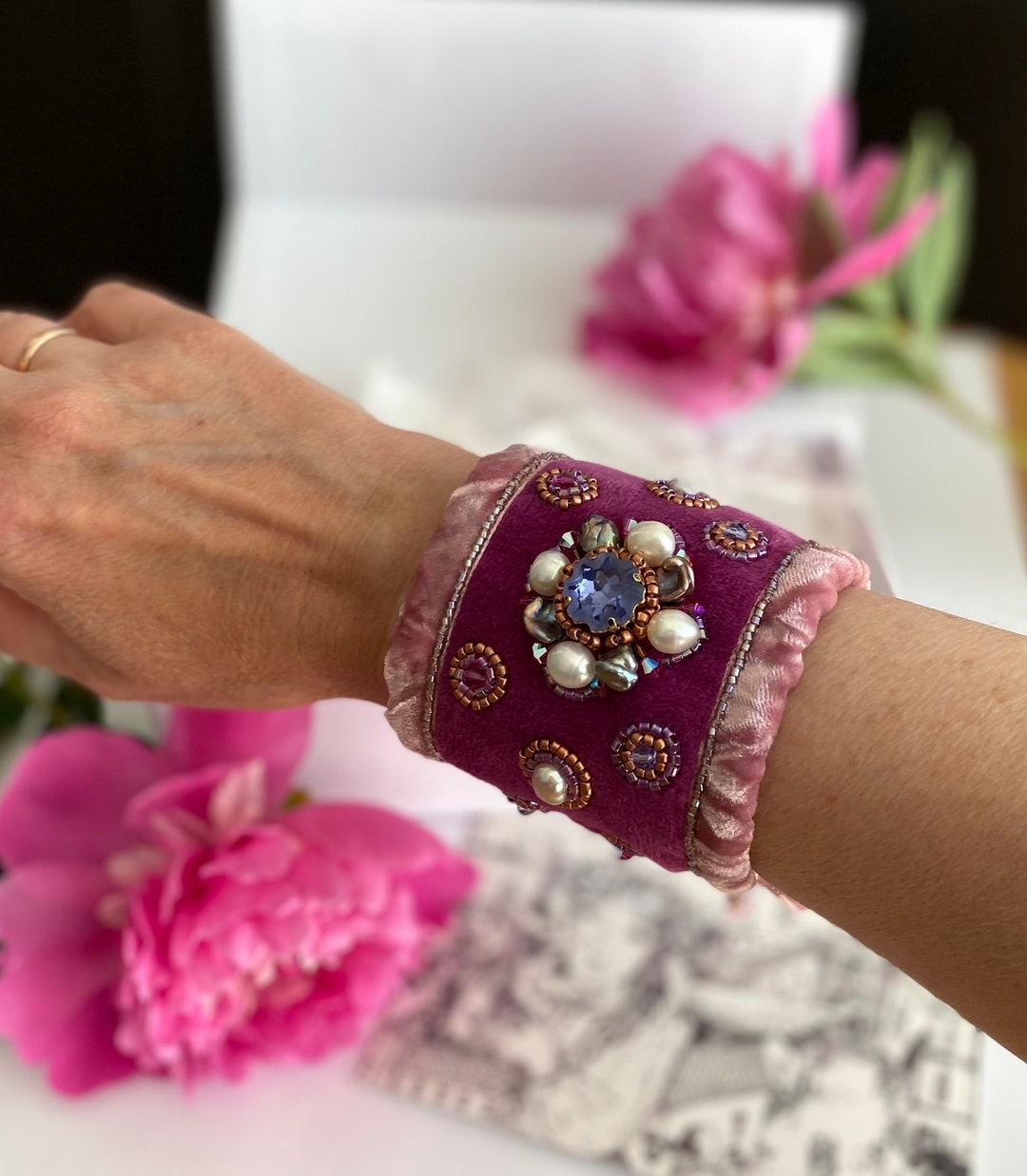 Rose Velvet Cuff, Floral Beadwork Bracelet, Wristband Embroidere With ...