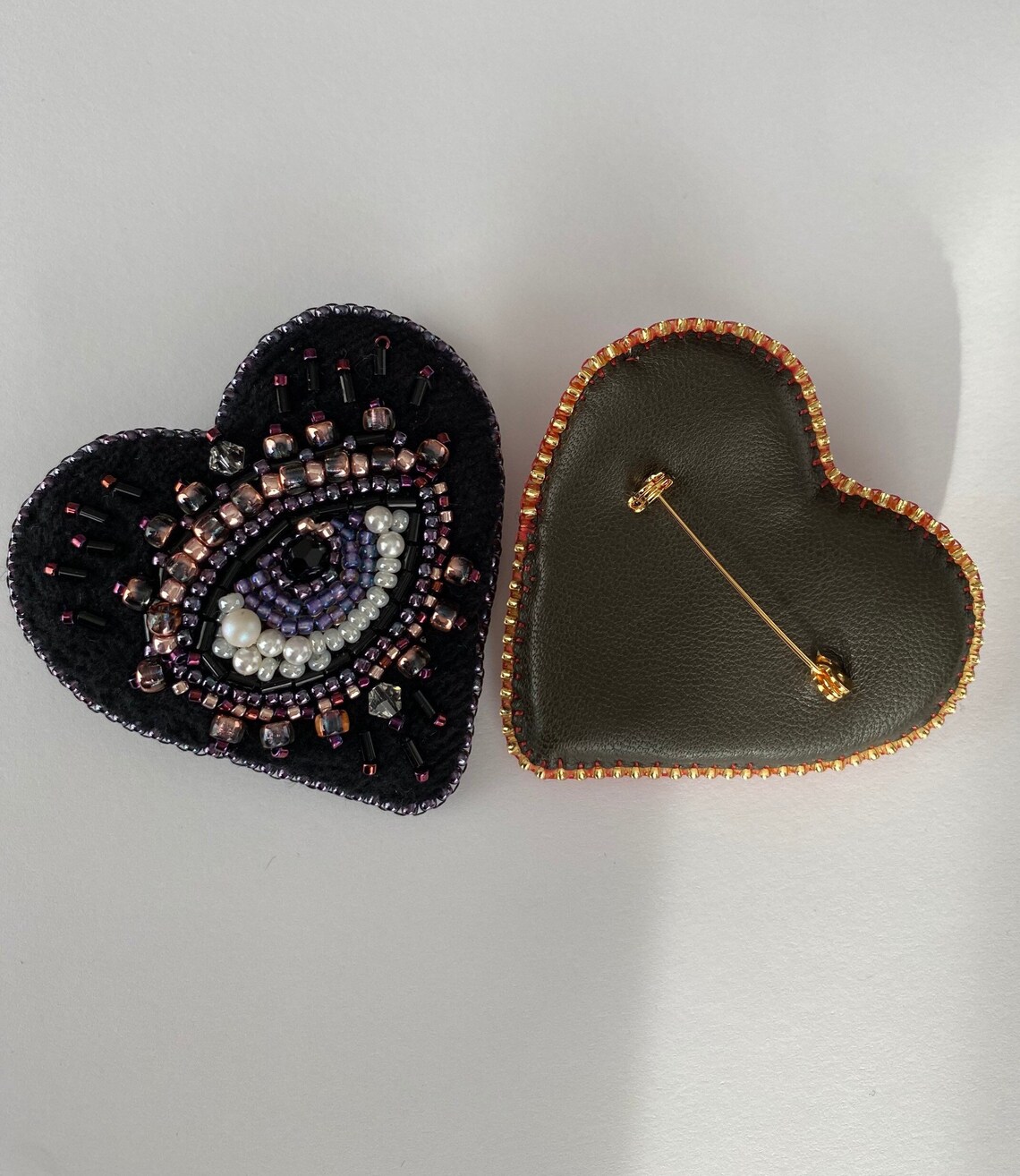 Red Heart Brooch Black Velvet Pin Evil Eye Embroidery Brooch Handmade ...
