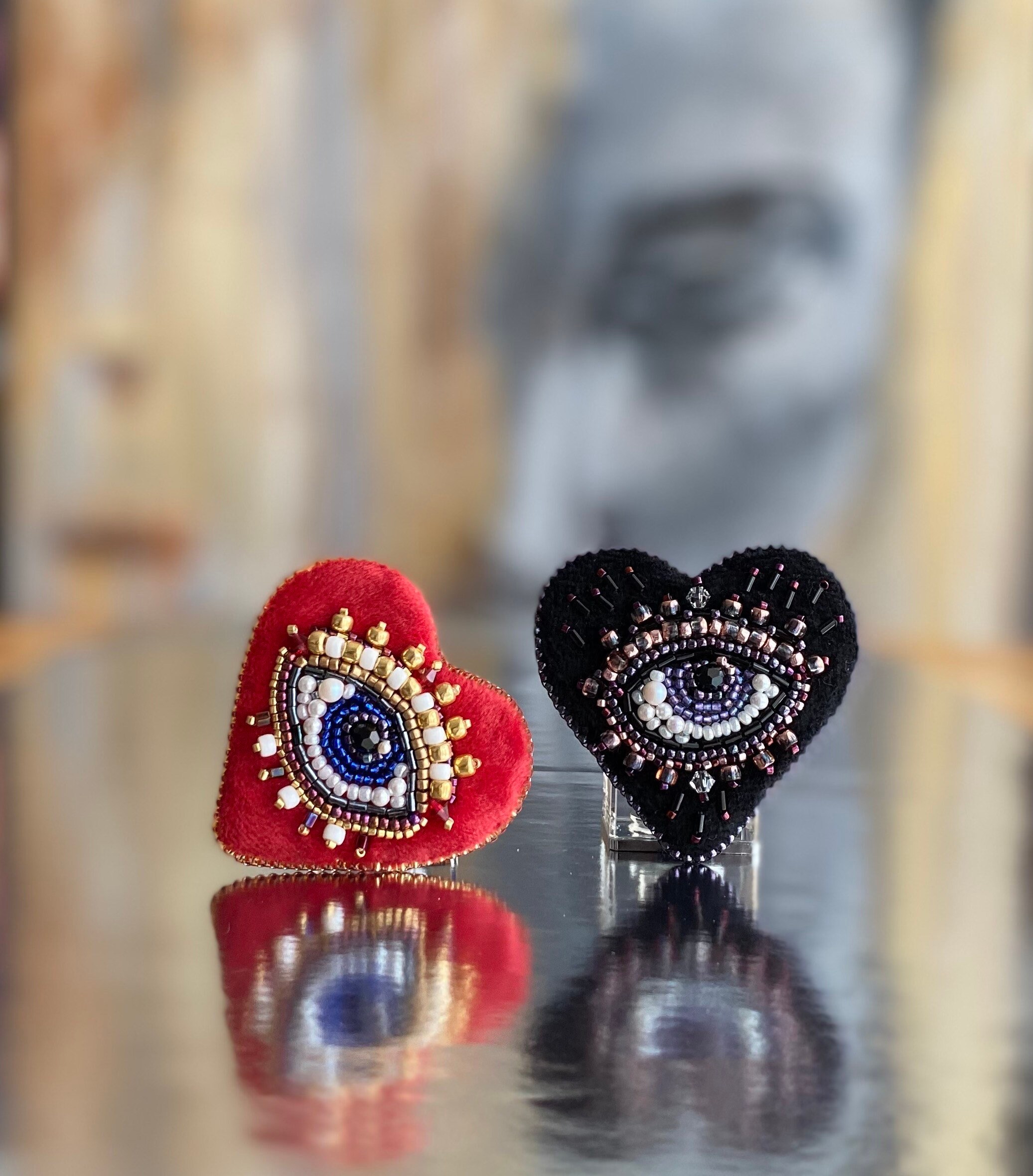 Red Heart Brooch Black Velvet Pin Evil Eye Embroidery Brooch Handmade ...