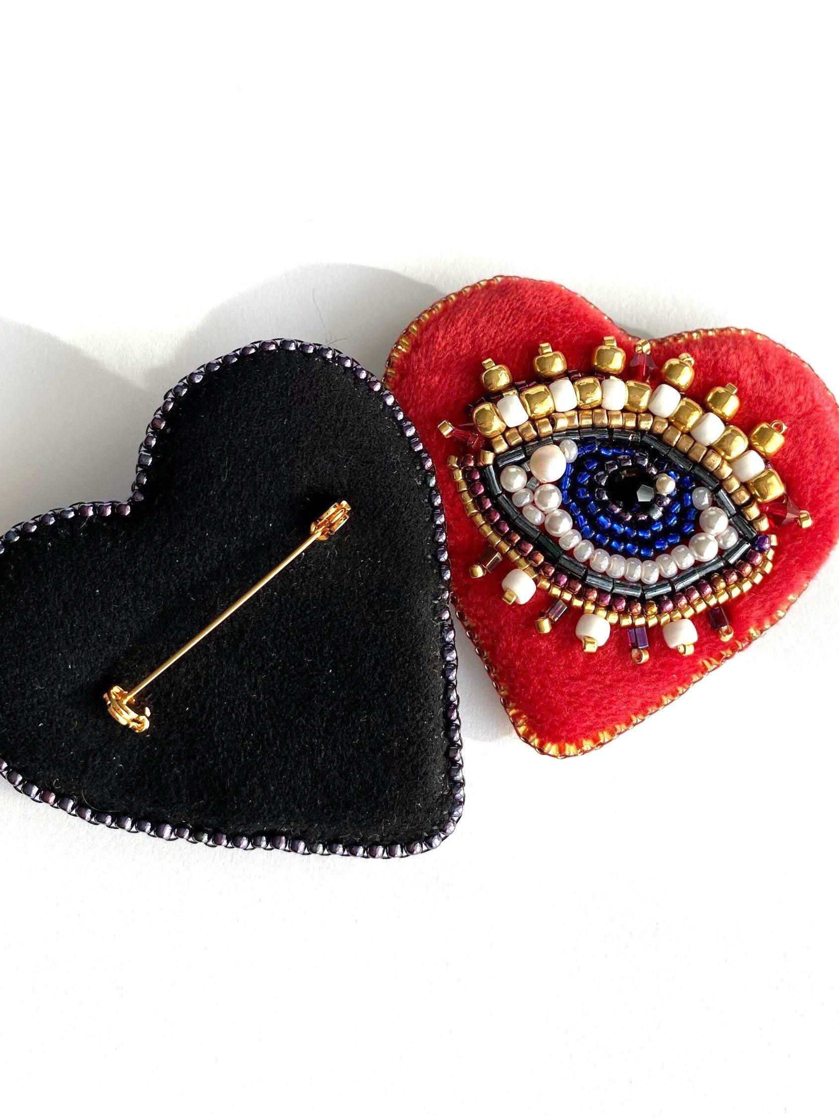 Red Heart Brooch, Black Velvet Pin, Evil Eye Embroidery Brooch ...