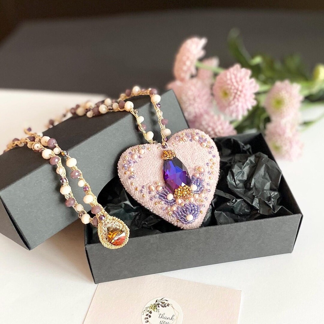 Embroidered Chunky Heart Pendant Necklace: Pink Velvet Heart Jewelry ...