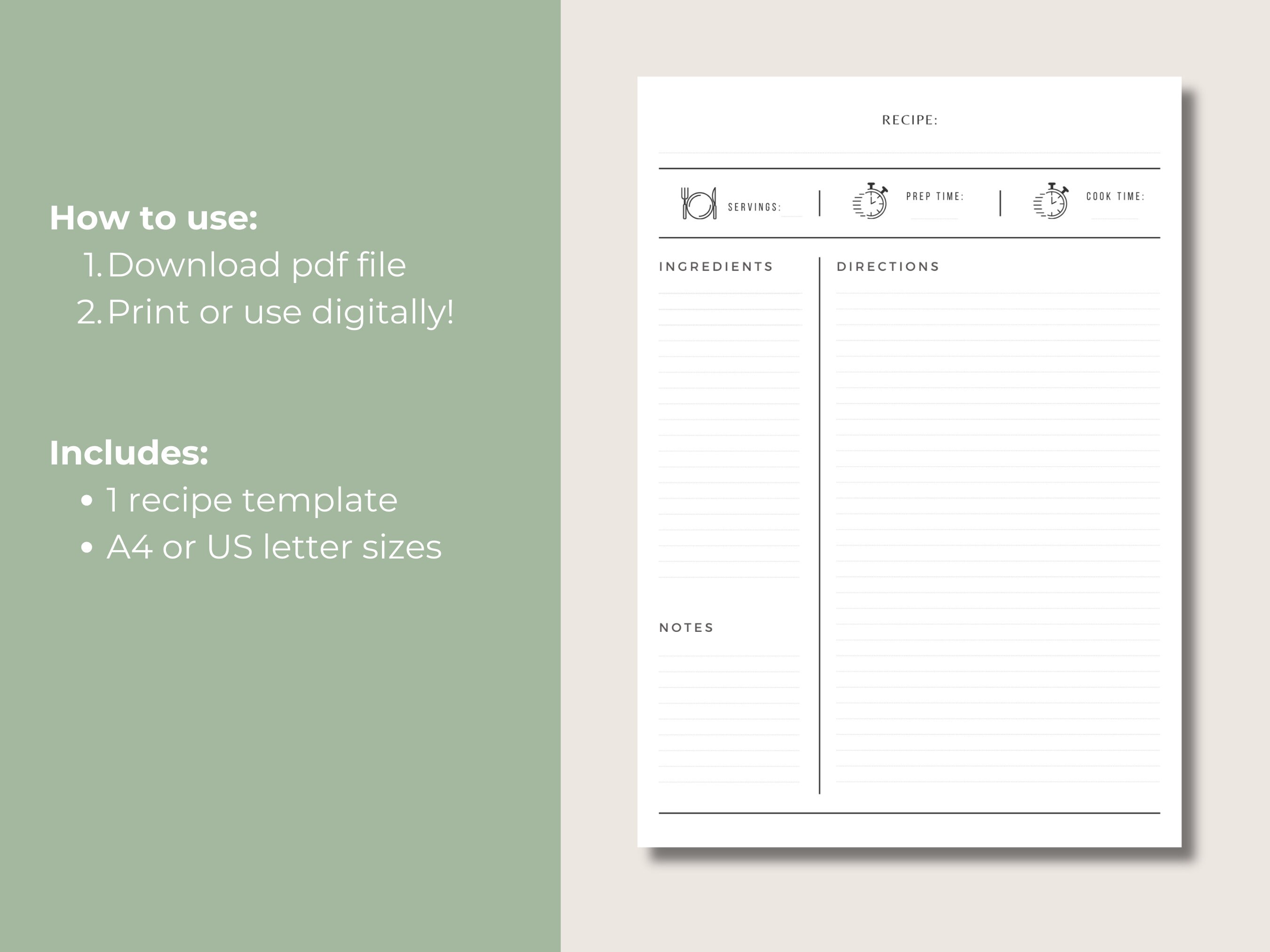 Simple Recipe Card Template | Printable | A4/US Letter | PDF Files - Etsy