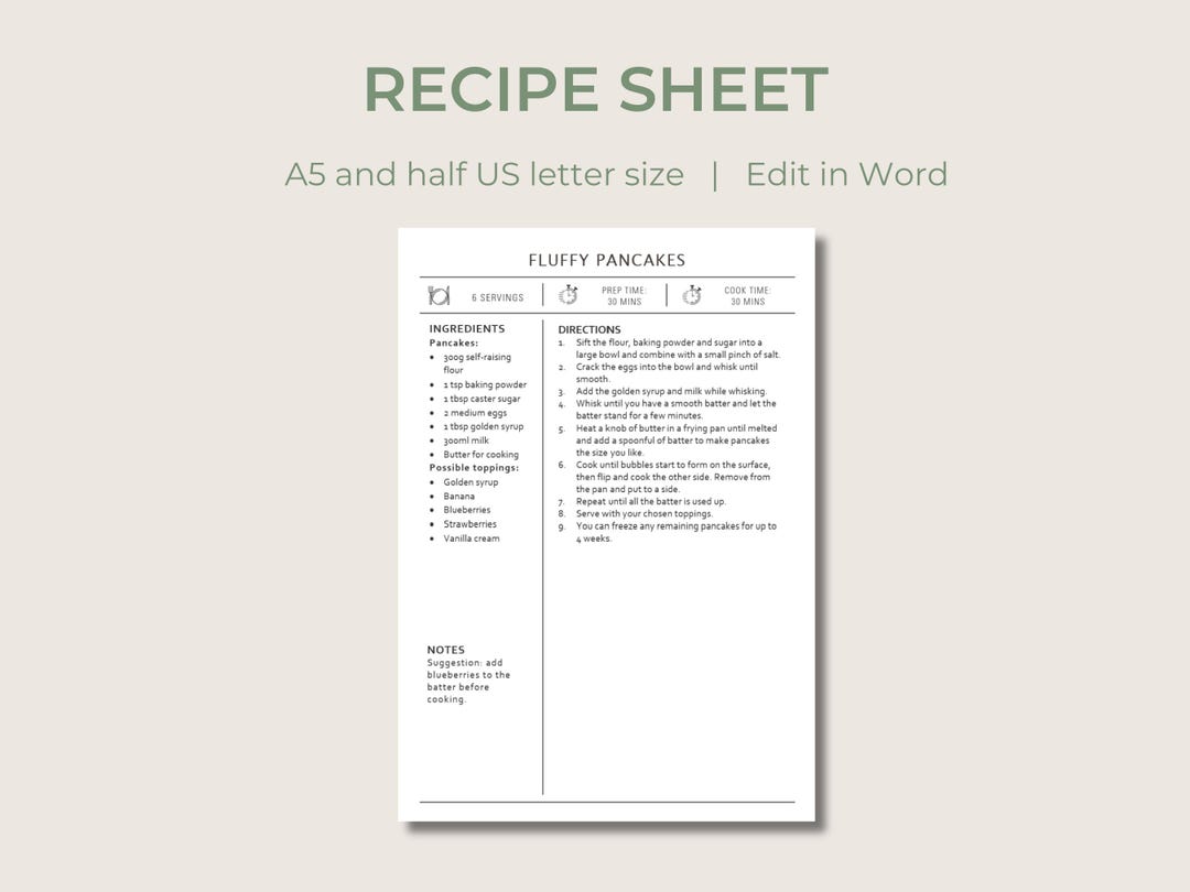 Recipe Card or Book Template | Editable and Printable | A5 & Half US ...