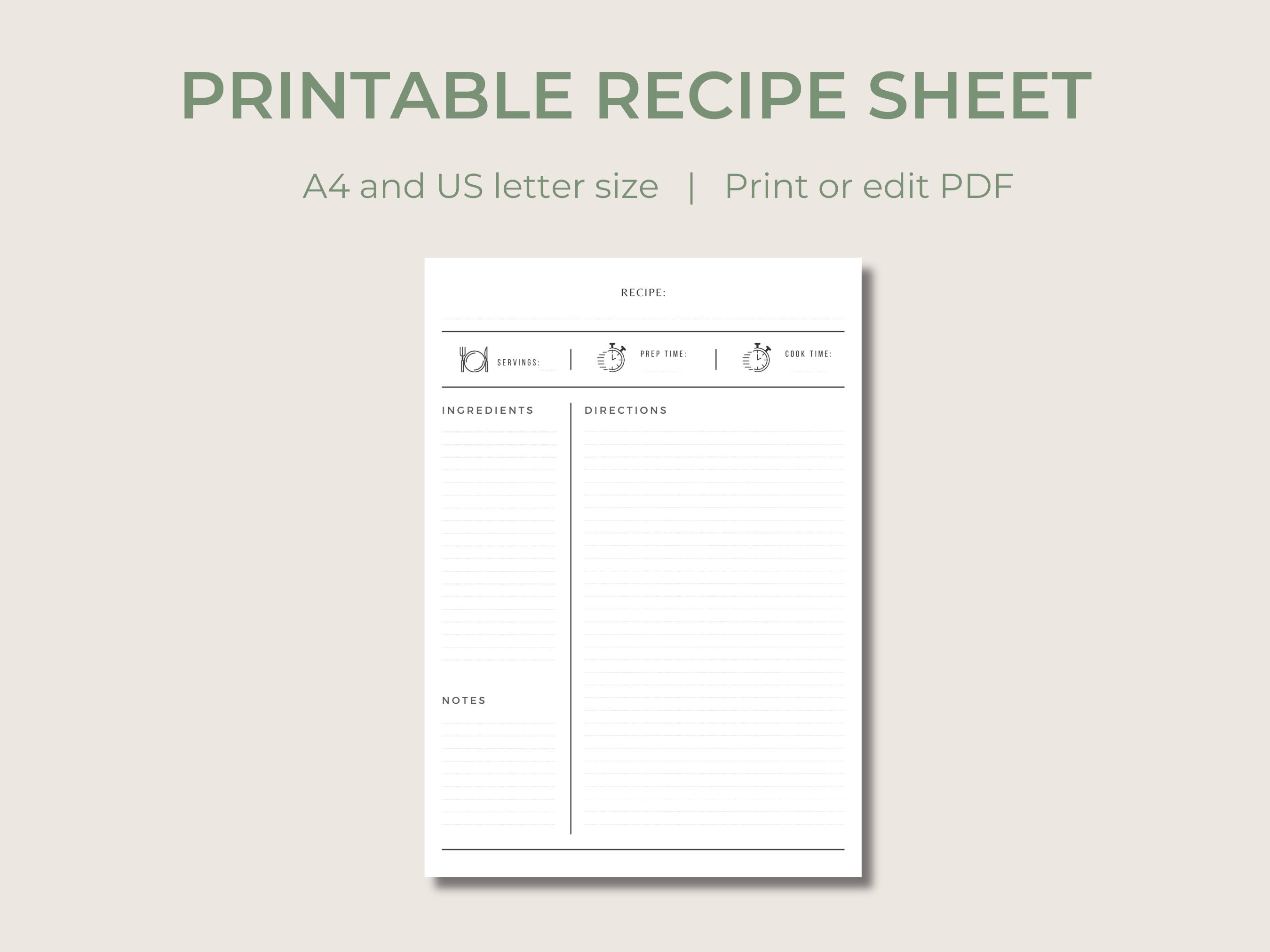 Simple Recipe Card Template | Printable | A4/US Letter | PDF Files - Etsy