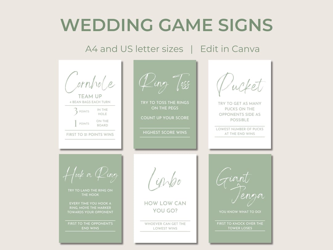 Sage Green Wedding Game Signs: Editable Canva Template (A4/US Letter ...