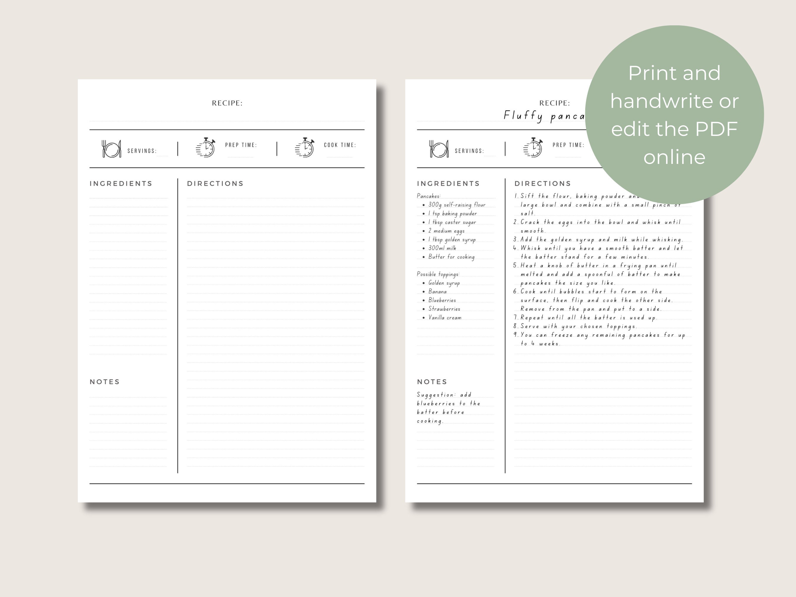 Simple Recipe Card Template | Printable | A4/US Letter | PDF Files - Etsy