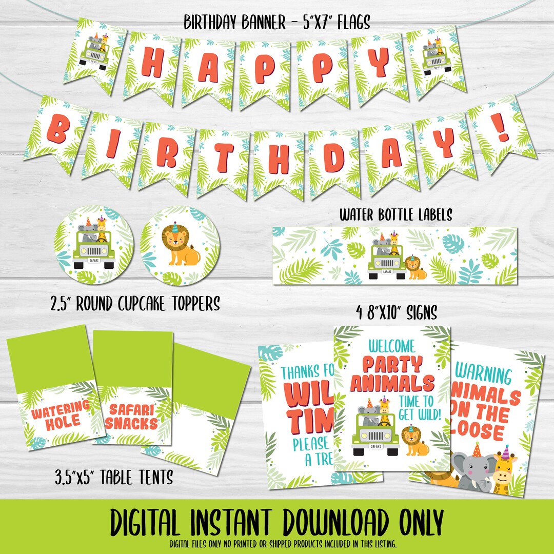 Safari Birthday Party Printables: Banner, Toppers, Signs (digital ...
