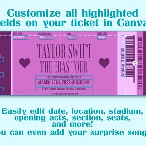 Taylor Swift Eras Tour Editable Ticket Canva Template Bundle ...