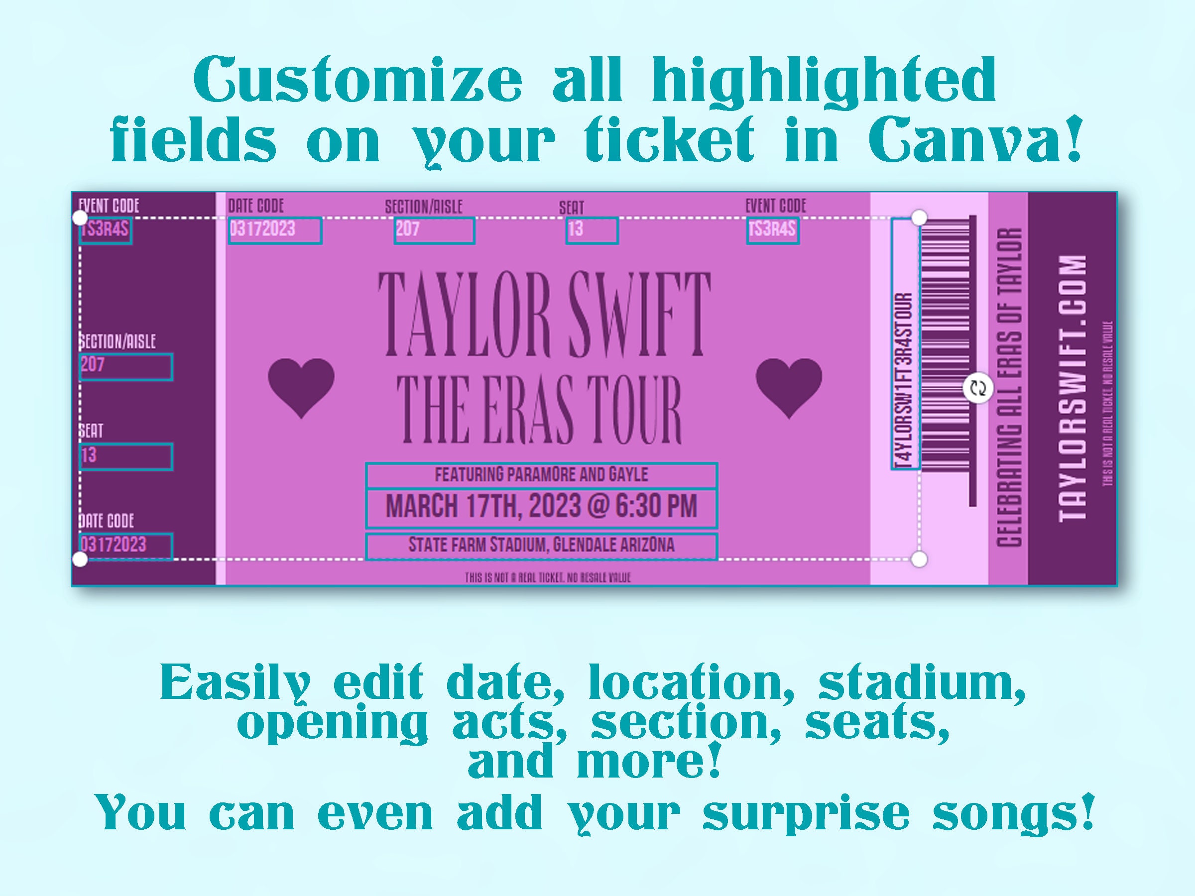 Taylor Swift Eras Tour Editable Ticket Canva Template Bundle ...