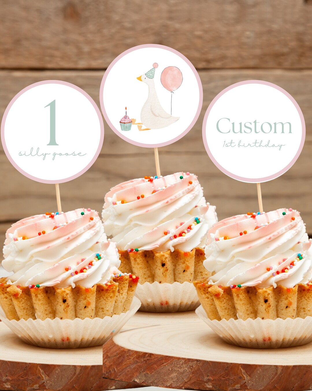 Silly Goose 1st Birthday Cupcake Toppers, Pink and Green (printable) - Etsy