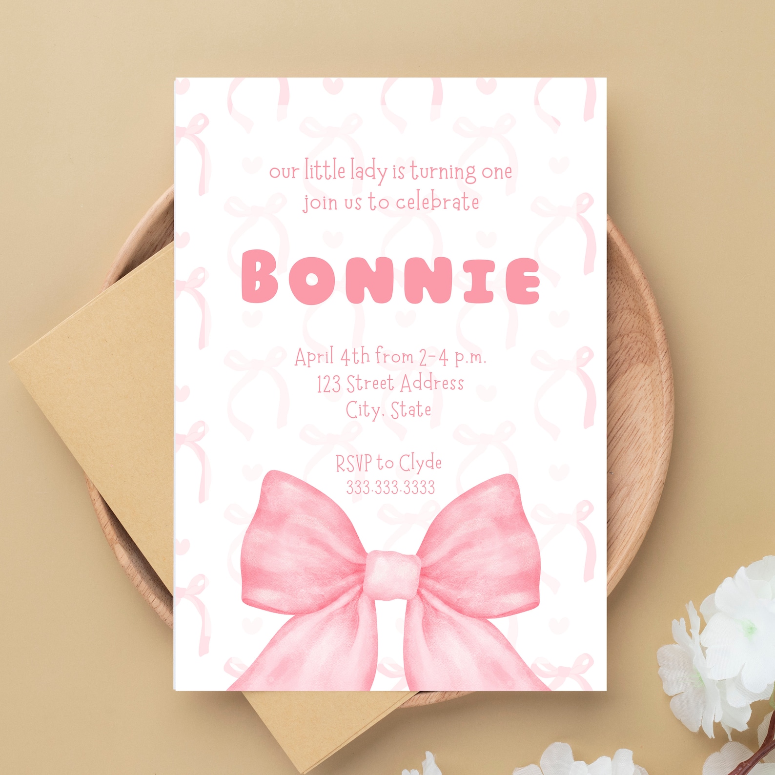 Pretty Pink Bow Birthday Party Invitation, Custom Birthday Invitation ...