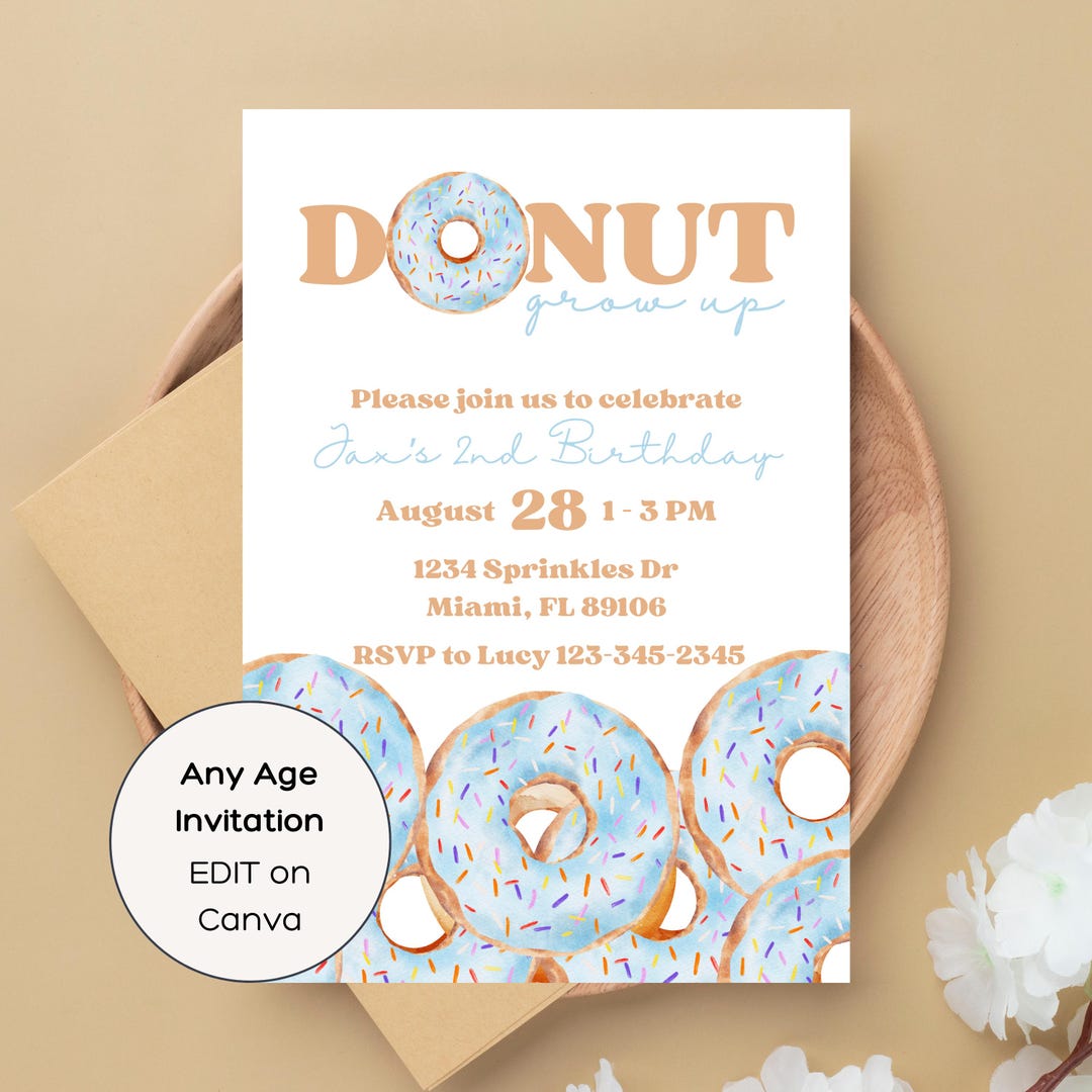 Blue Donut Birthday Invitation, Custom Party Invite (editable Canva ...
