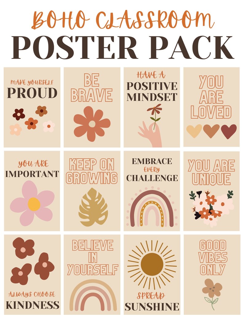 Growth Mindset Motivational Classroom Poster Set of 12, Boho/pastels ...