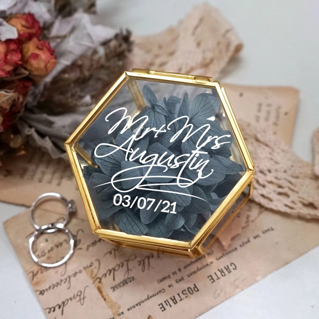 Personalized Hexagon Glass Ring Box With Moss Wedding Gold Ring Bearer ...