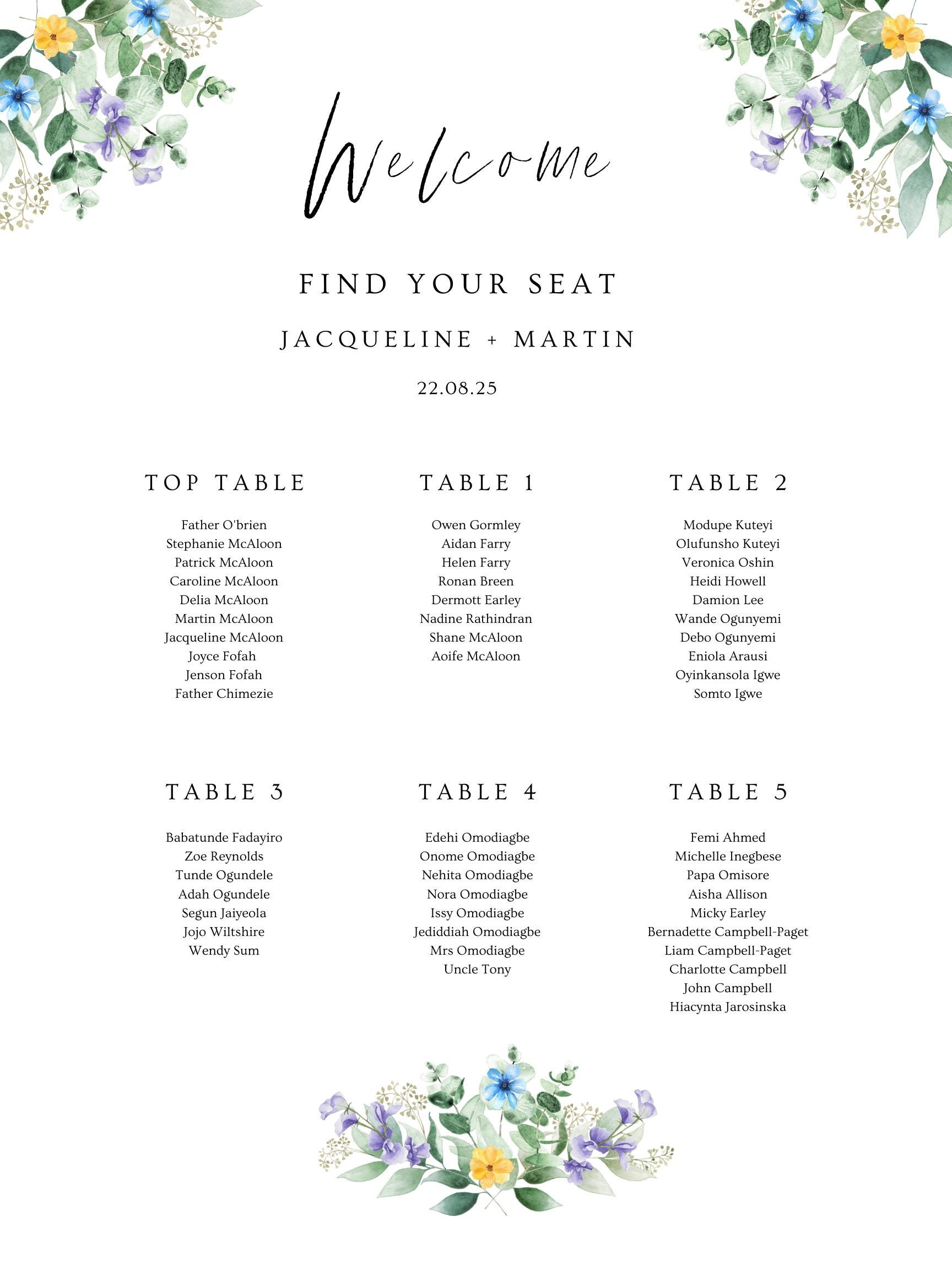 Custom Wedding Seating Chart Sign: Greenery & Floral (digital Download ...