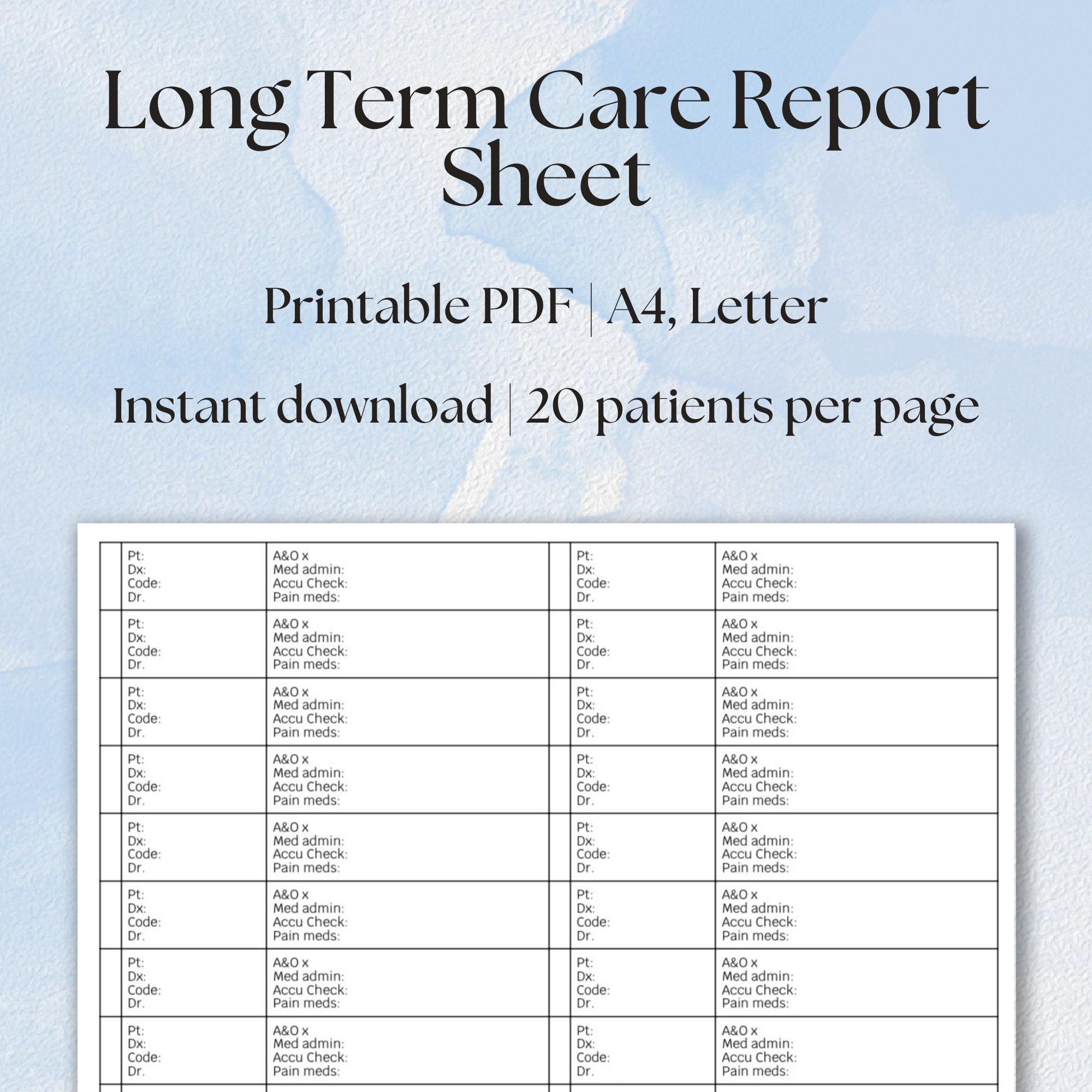 Long Term Care Report Sheet Nurse Report Sheet LTC Report Sheet Skilled Nursing Facility Report ...