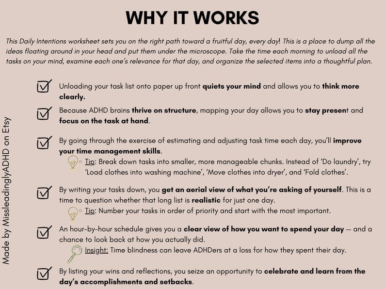 Daily Intentions Worksheet | ADHD | Planner | Time Management - Etsy
