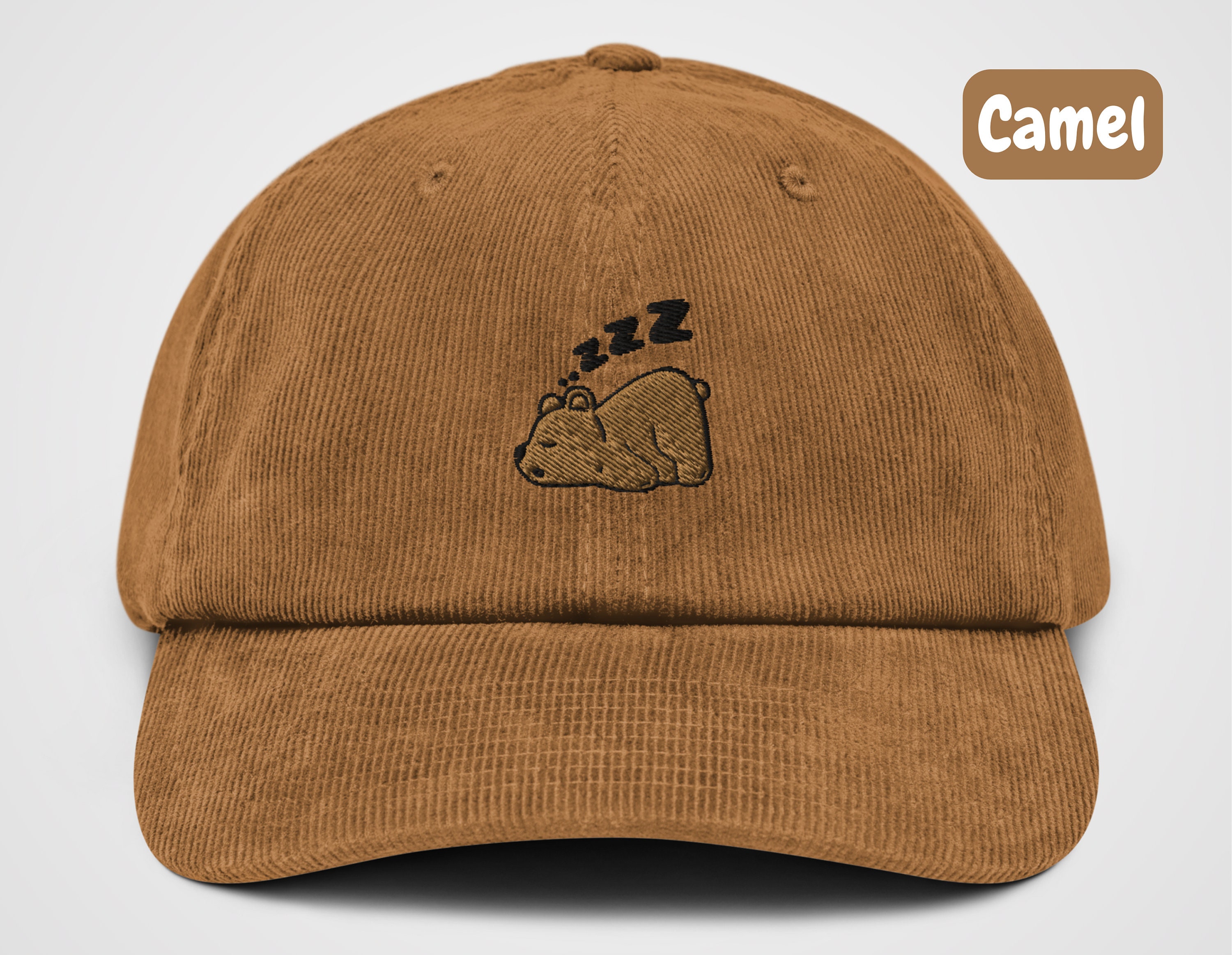 Sleepy Bear Corduroy Embroidered Hat | Bear Hat | Brown Bear Hat ...