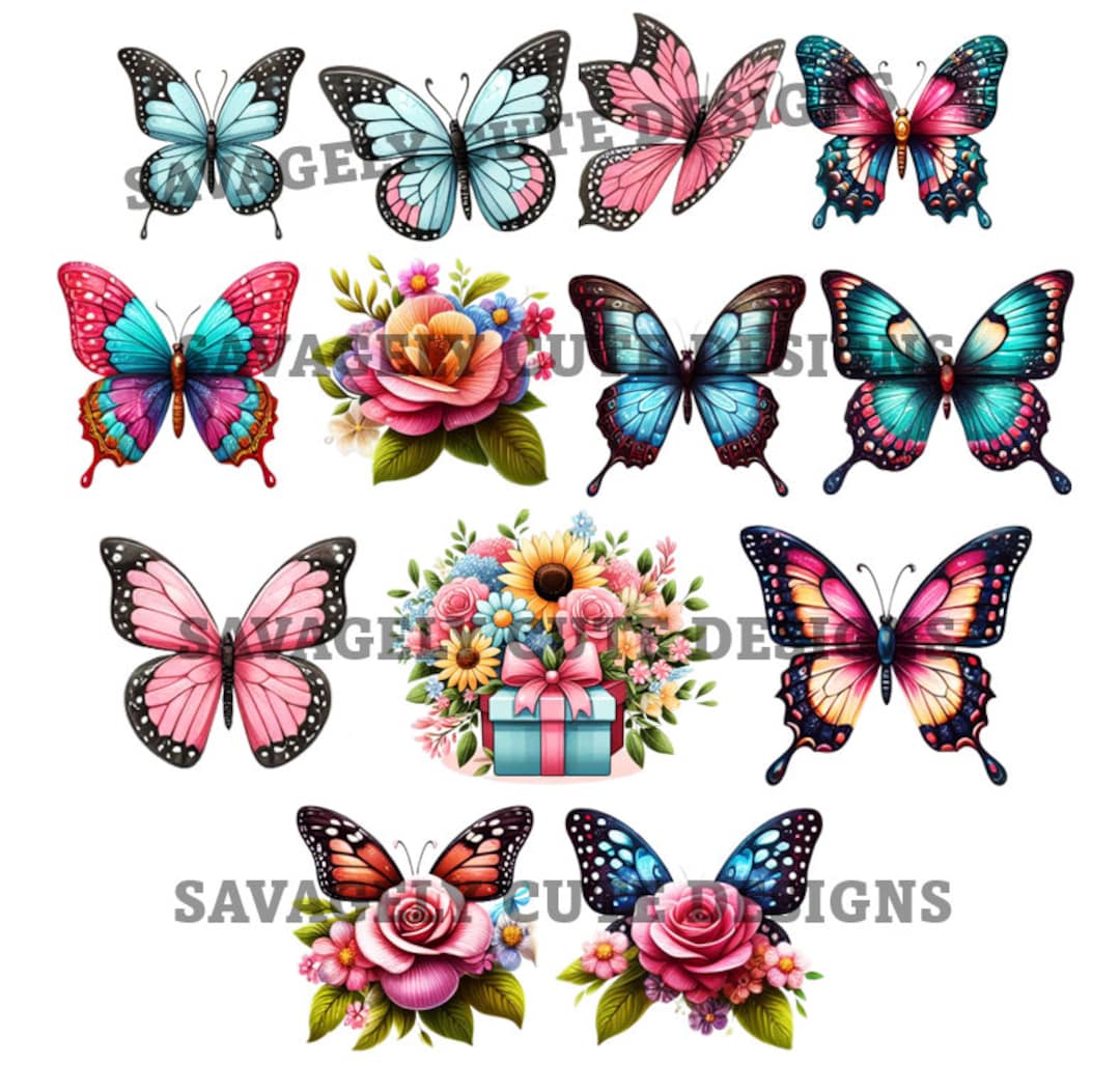 13 Digital Clip Art Images- Beautiful Butterflies and Flowers - 300DPI ...