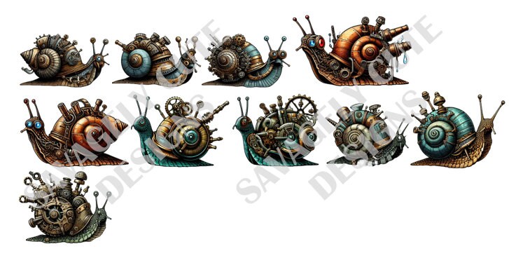 10 Digital Clip Art Images - Cool Steampunk Snails - 300DPI Transparent ...