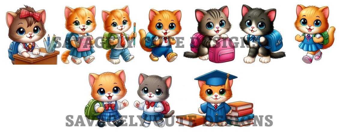 10 Back to School Kittens Clip Art Images Great for POD print on Demand ...