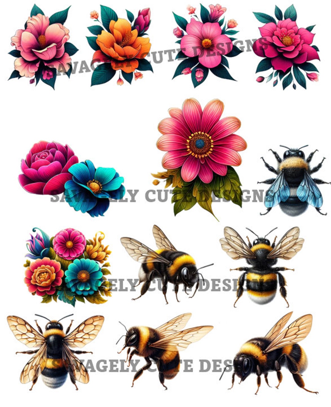13 Digital Clip Art Images- Busy Bees and Beautiful Flowers - 300DPI ...