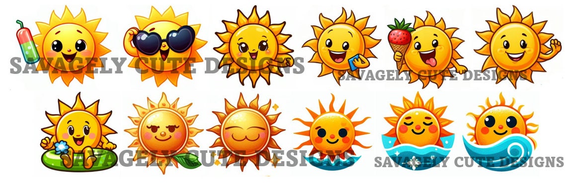 12 Digital Clip Art Images- Kawaii Summer Suns - 300DPI Transparent ...
