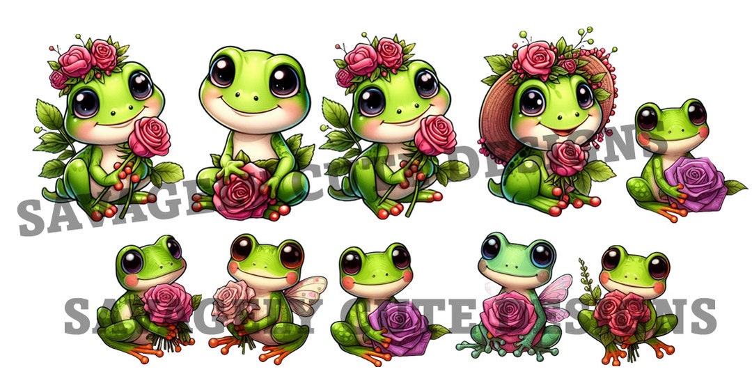 10 Adorable Flower Frogs Clip Art Graphics - 300DPI Images - Print on ...