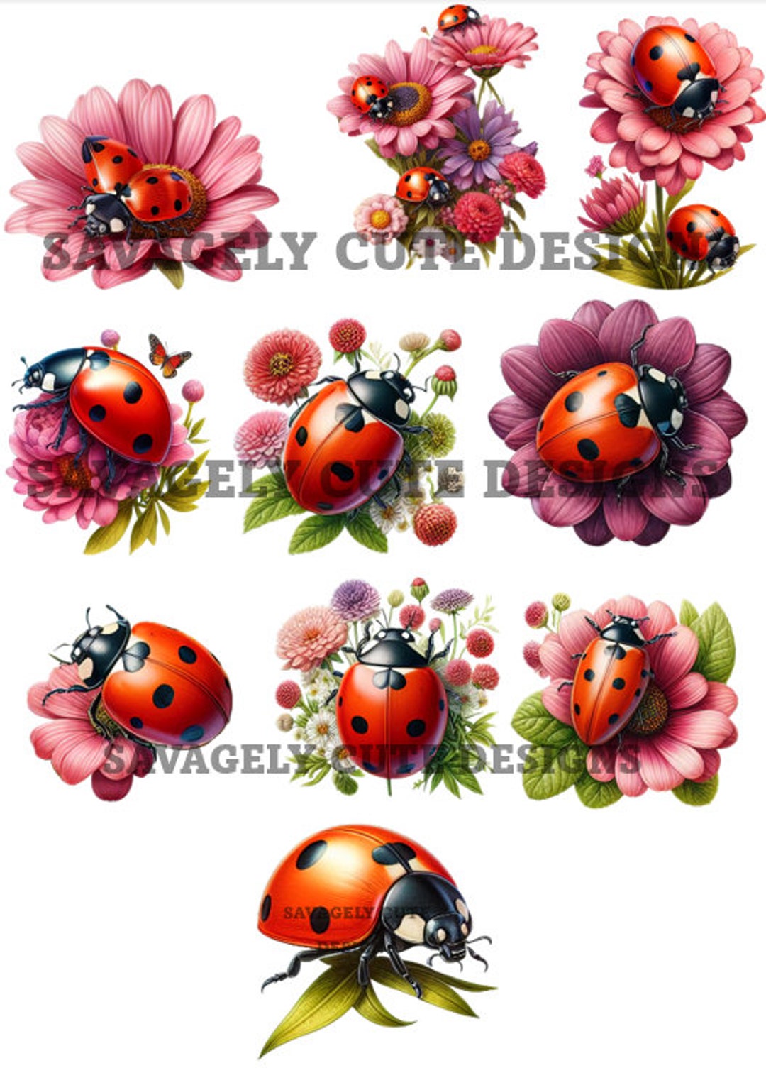 10 Lucky Ladybugs and Flowers - 300DPI - PNG & SVG - POD Printing ...