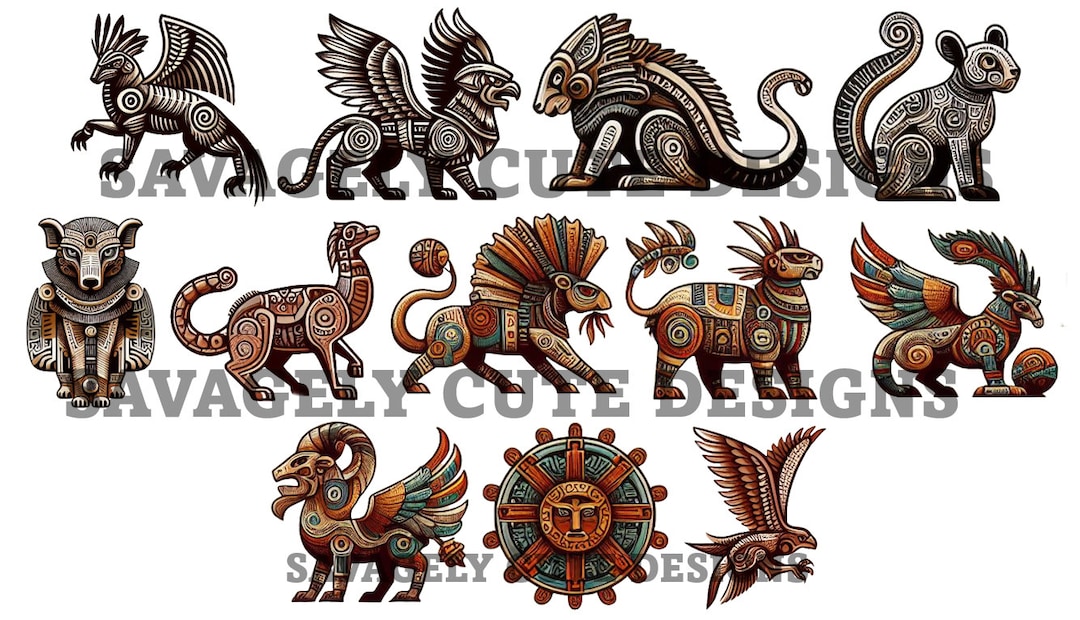 12 Digital Clip Art Images- Mythical Aztec Beasts - 300DPI Transparent ...