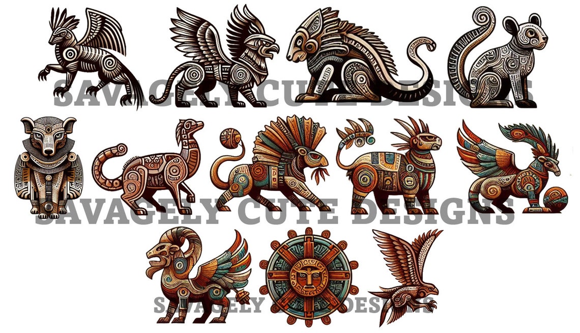 12 Digital Clip Art Images- Mythical Aztec Beasts - 300DPI Transparent ...