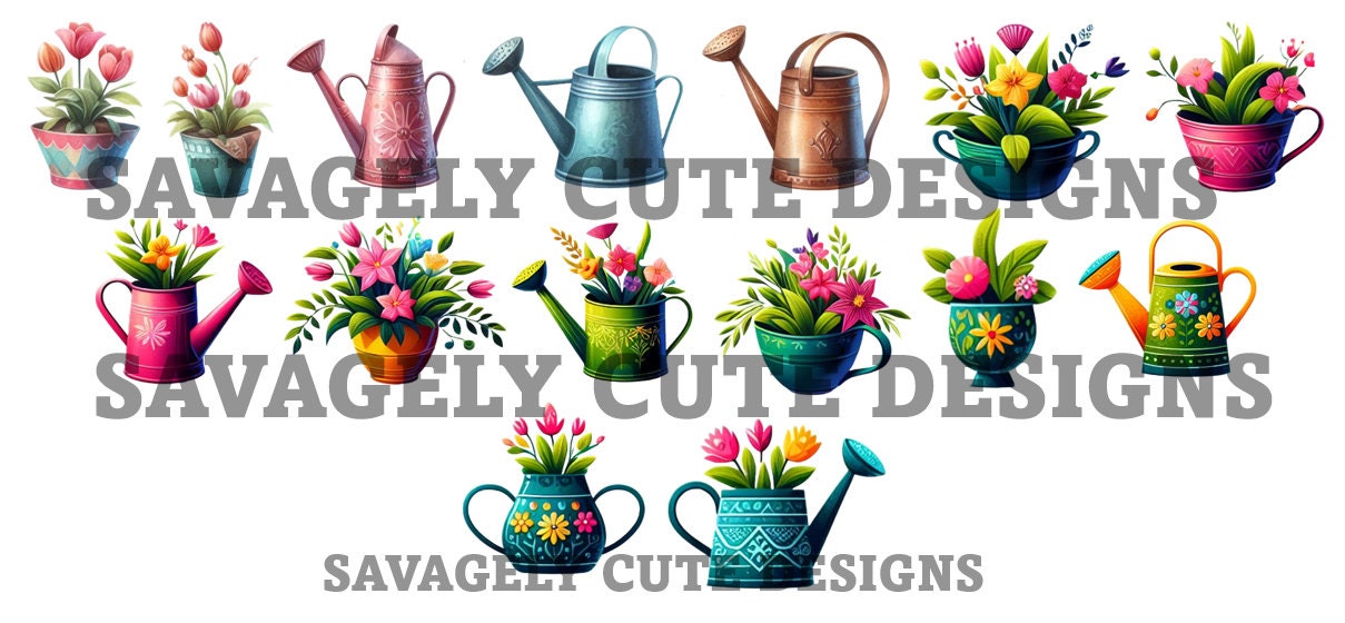 15 Digital Clip Art Images- Colorful Watering Cans and Flower Pots ...