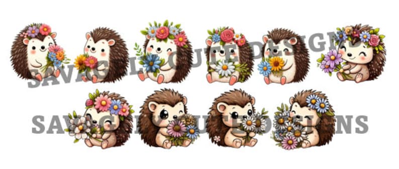 10 Digital Clip Art Images - Happy Hedgehogs With Flowers - 300DPI ...