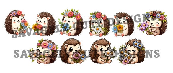 10 Digital Clip Art Images - Happy Hedgehogs With Flowers - 300DPI ...